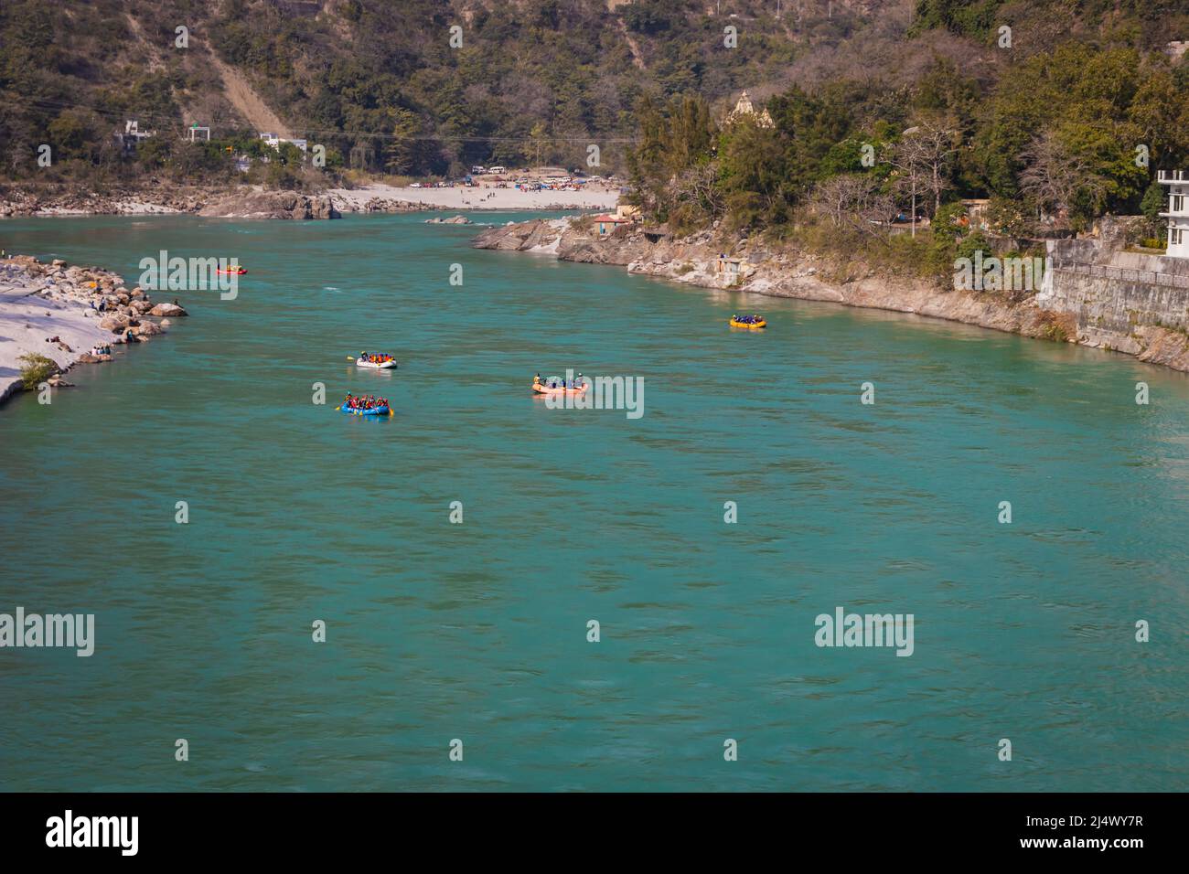 raft boat many at the middle of ganges river from top angle image is ...
