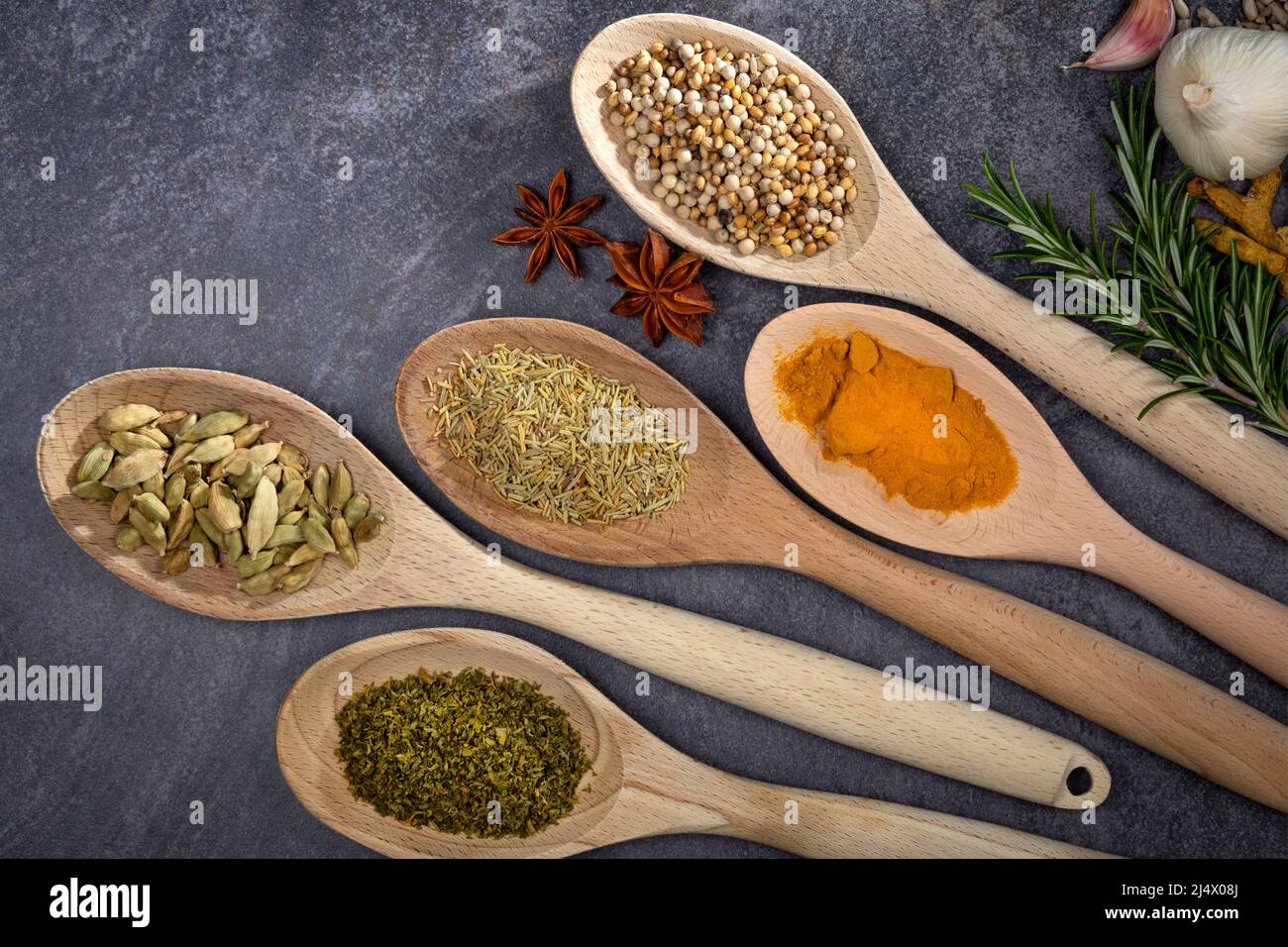 Selection of herbs and cooking spices used to add flavor and seasoning ...