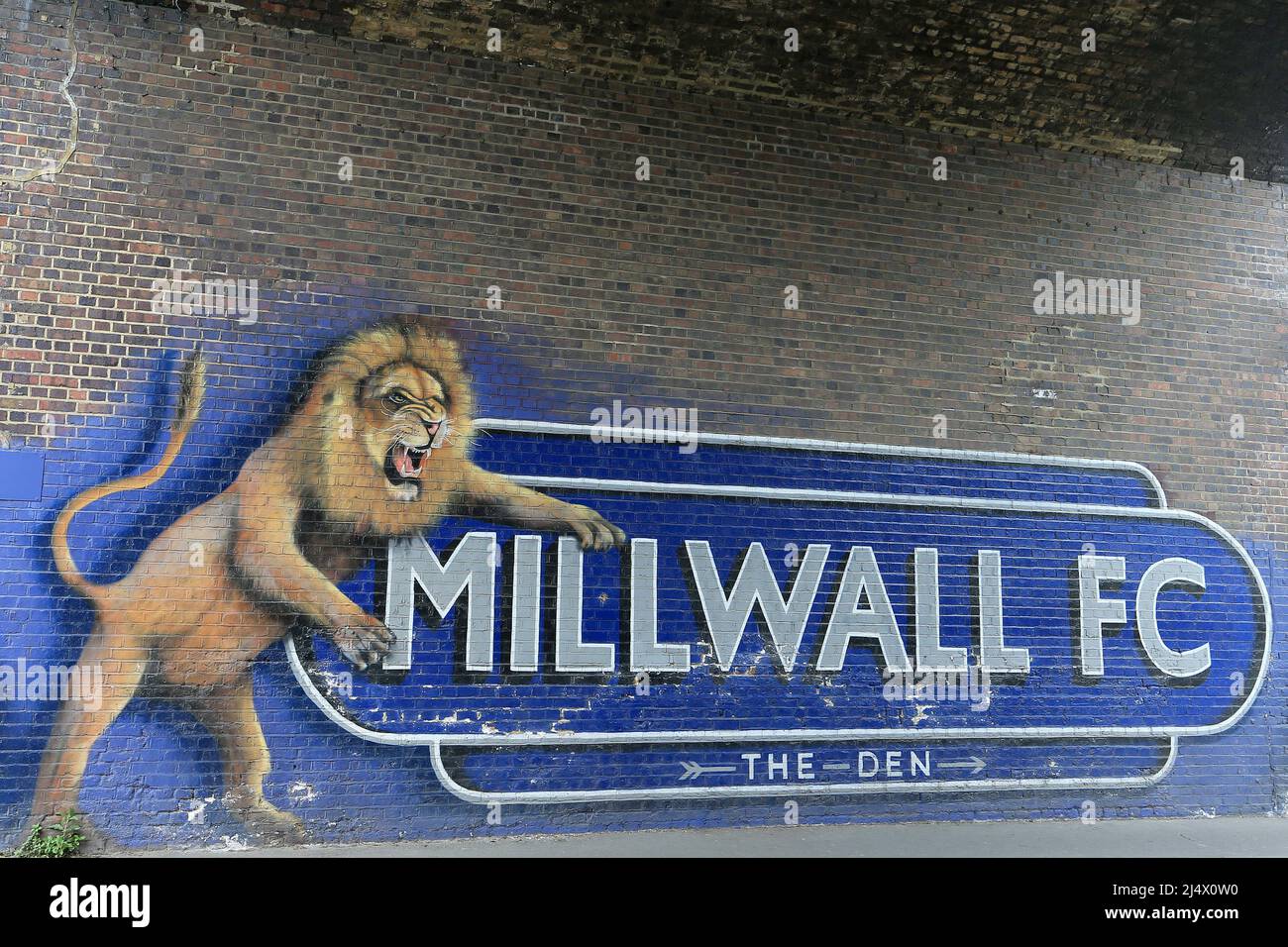 A general view of the Millwall lion mural outside the stadium Stock ...