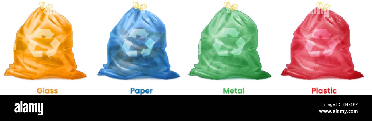 Realistic separate trash. 3D plastic sacks waste bag for util kitchen ...