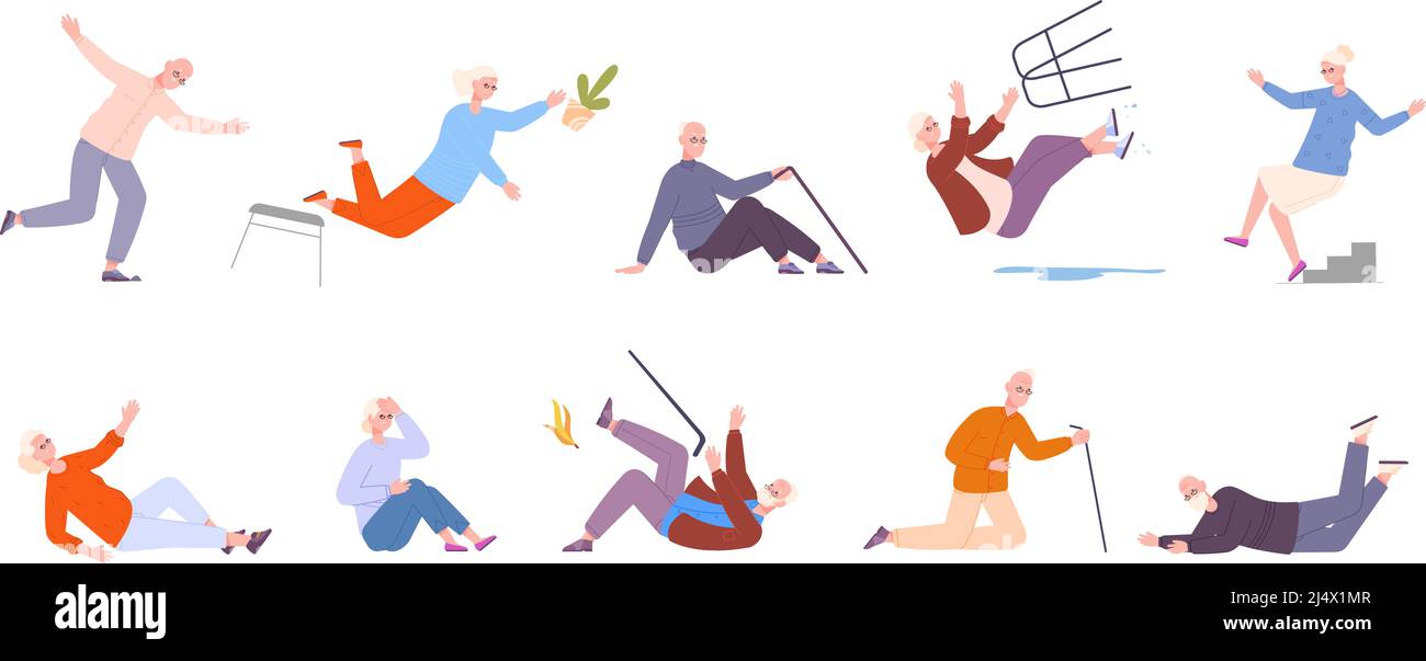 Falling elderly people. Dizzy senior fall down on floor, old person ...