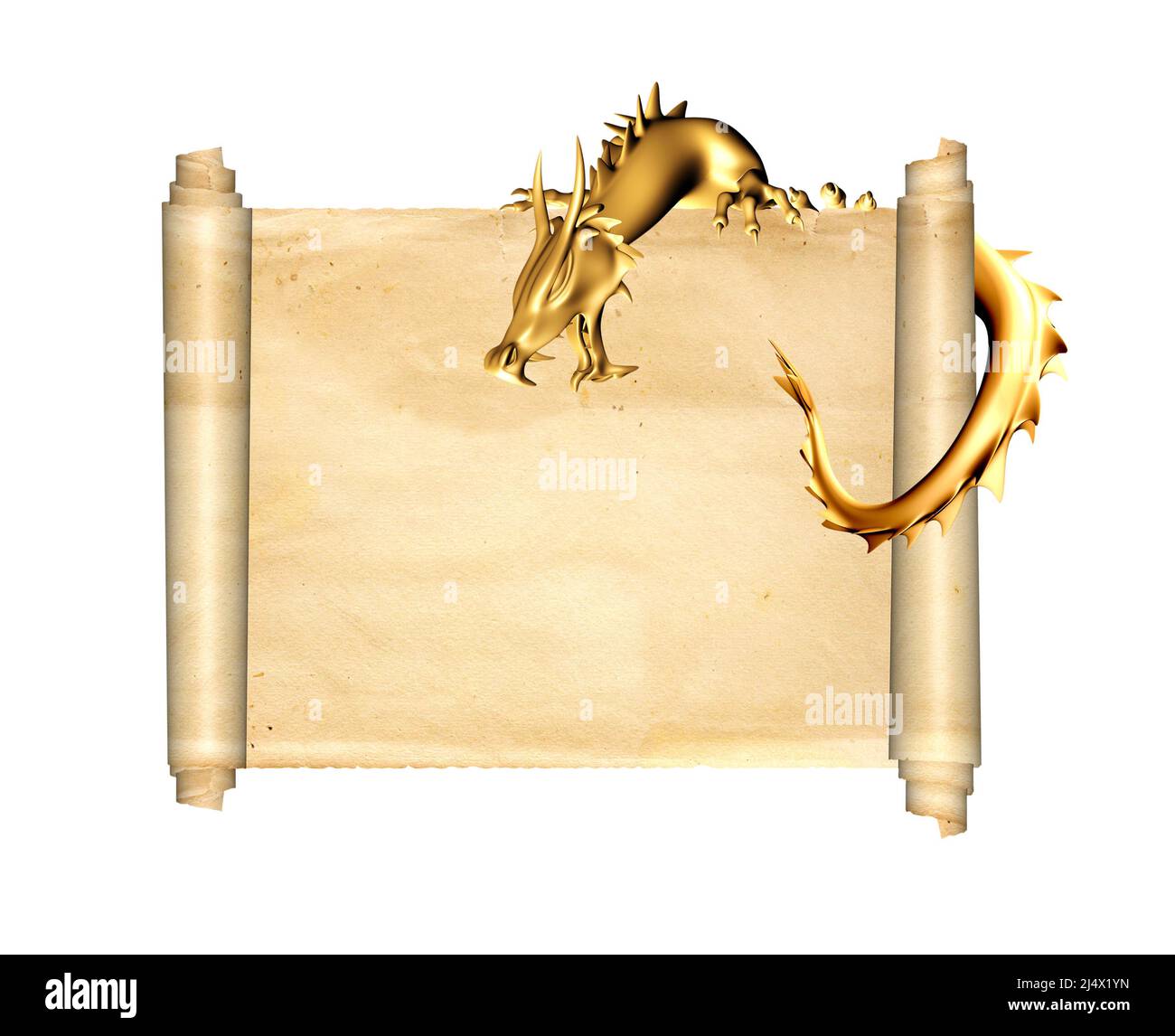 Golden dragon and scroll of old parchment. Object isolated on white ...
