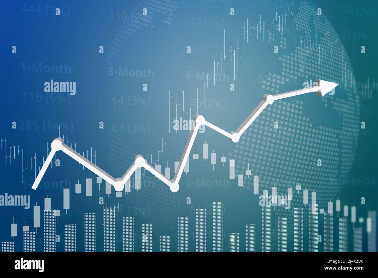 Blue finance background with numbers, graphs, arrow. 3D render ...