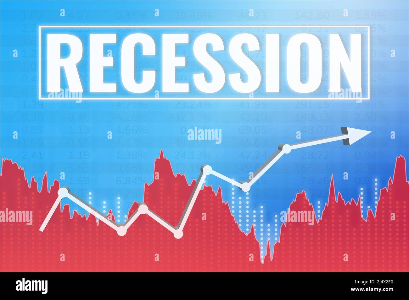 Word Recession on blue and red finance background with arrow. Global ...