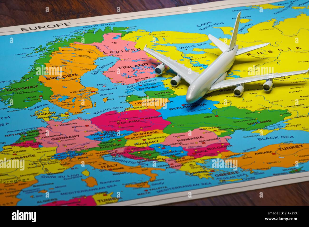 Air travel concept. Toy airplane model on the map of Europe Stock Photo ...