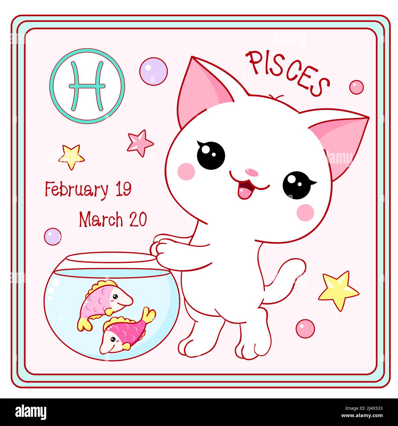 Zodiac Pisces sign character in kawaii style. Square card with cute ...