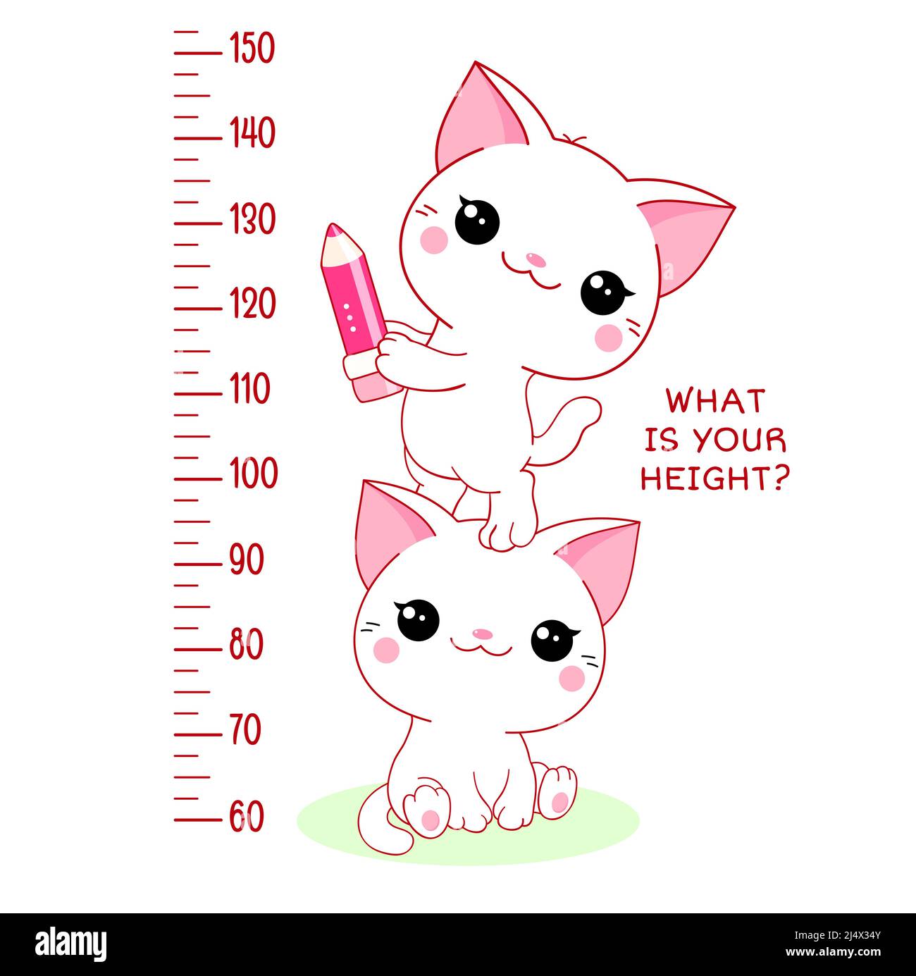 Height chart with kawaii white cats. Kids meter with cute little ...