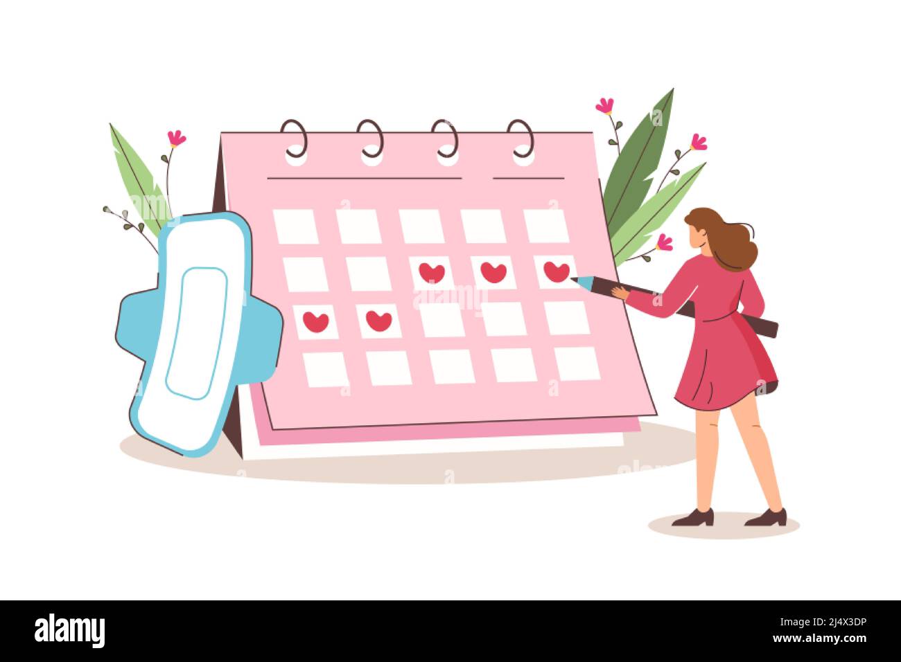Flat young woman mark date of menstrual periods in calendar ...