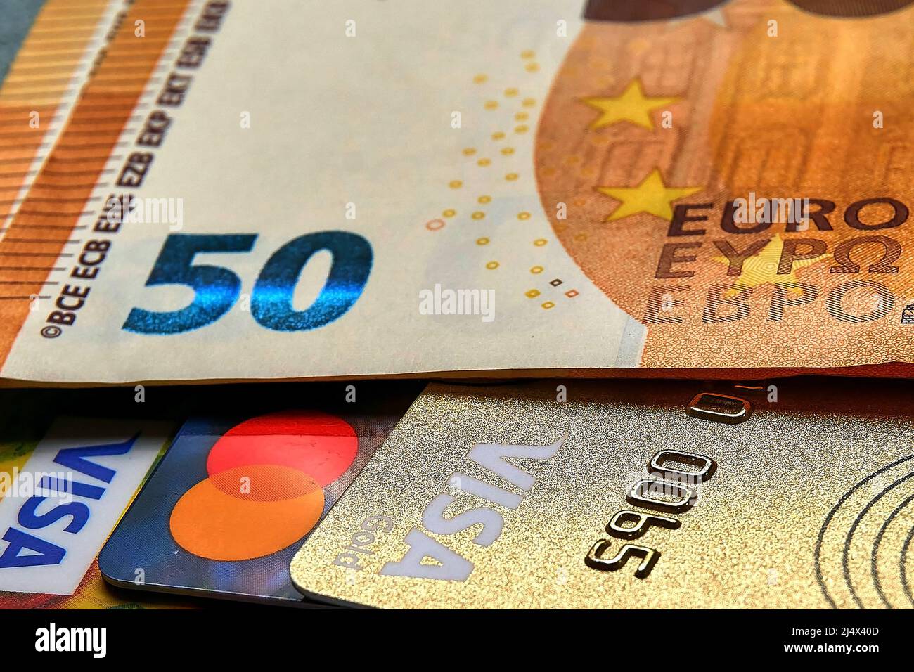 Ukraine - April 2022: Plastic cards and money, 50 euro paper banknote ...