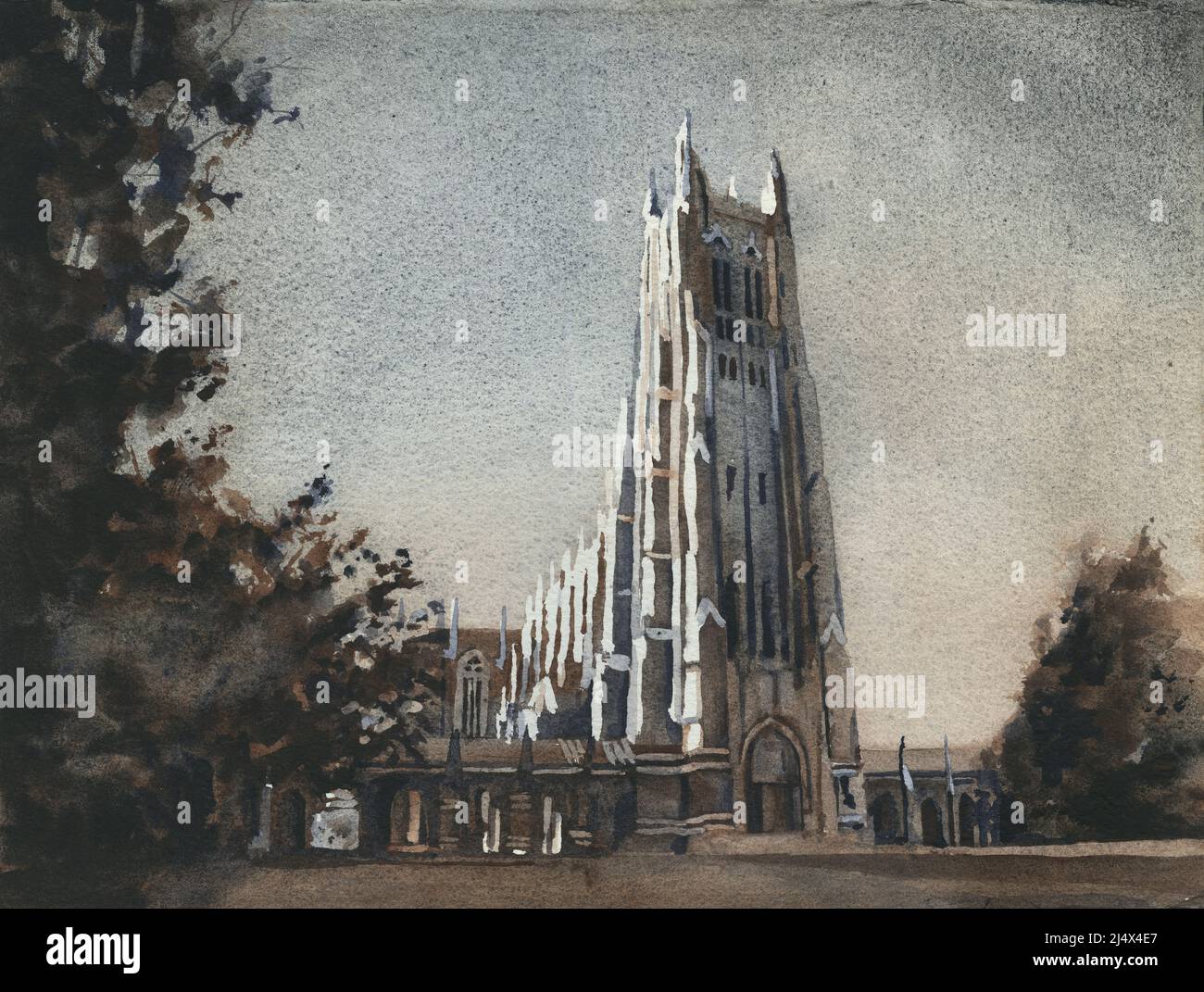 Watercolor painting of Duke Chapel on the Duke University campus ...