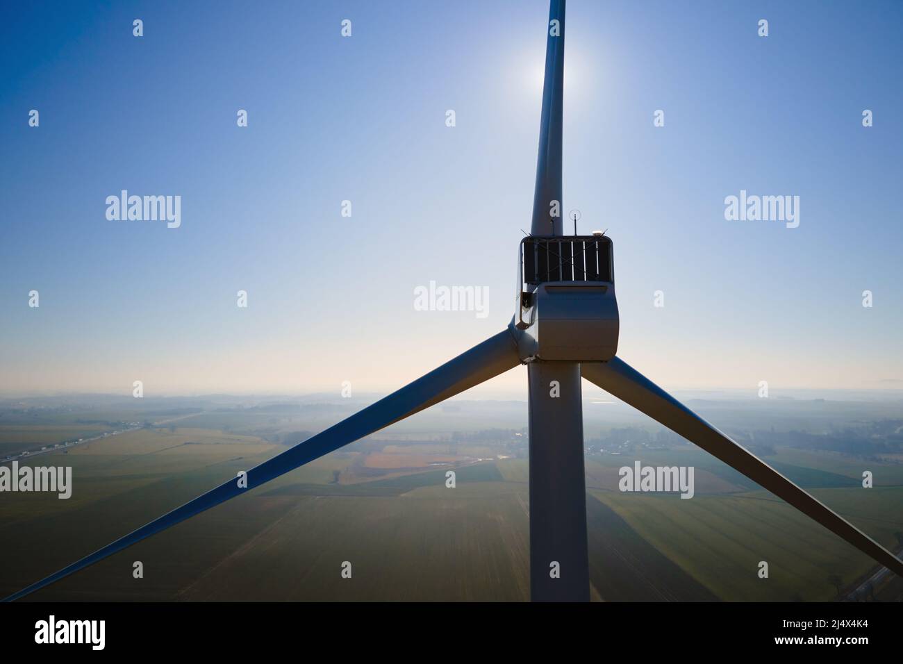 Aerial view of close up windmill turbine in countryside area, Wind ...