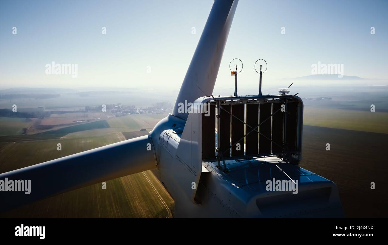 Aerial view of close up windmill turbine in countryside area, Wind ...