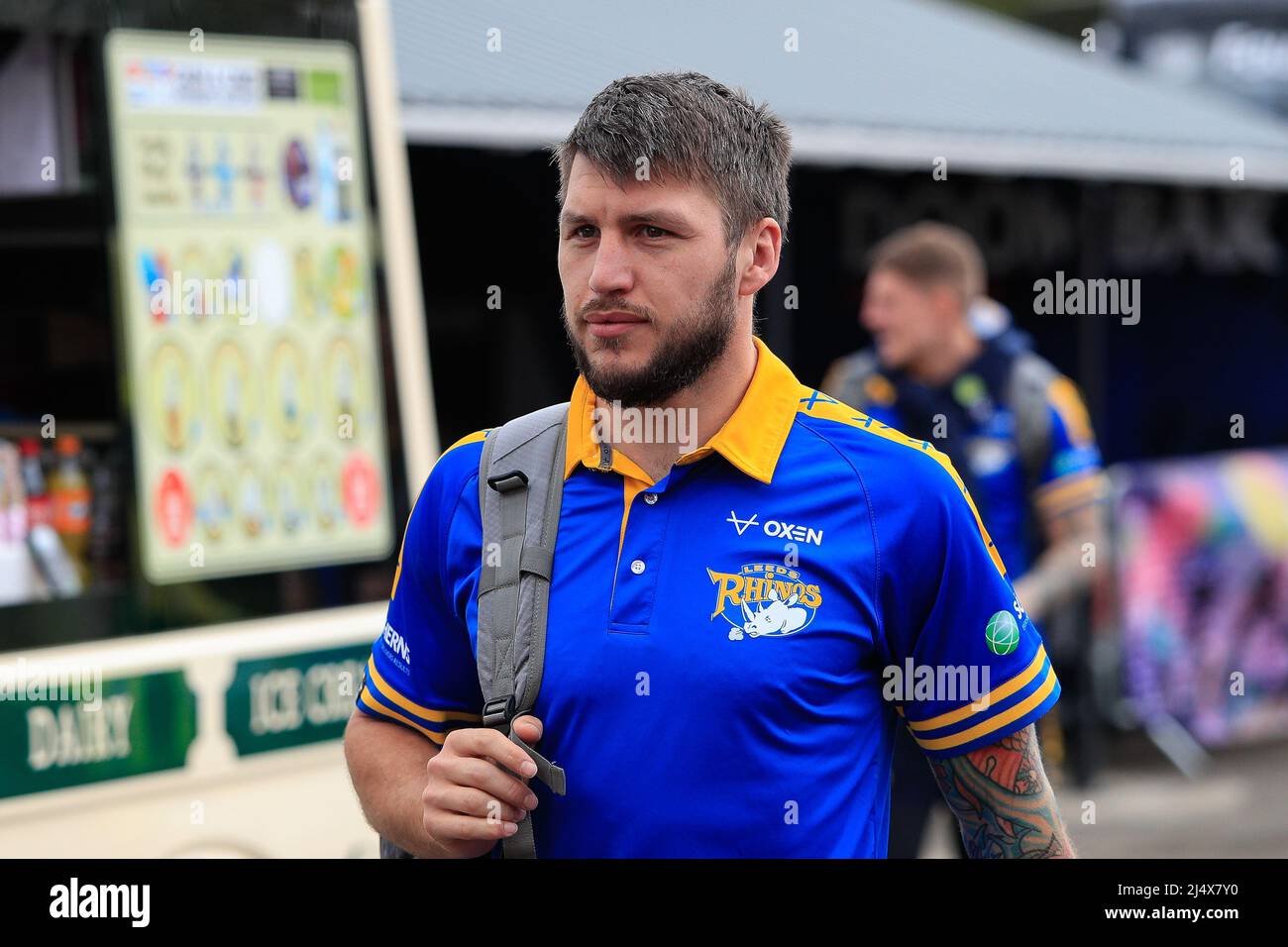Tom Briscoe (20) of Leeds Rhinos arrives at The Mend-A-Hose Jungle ...