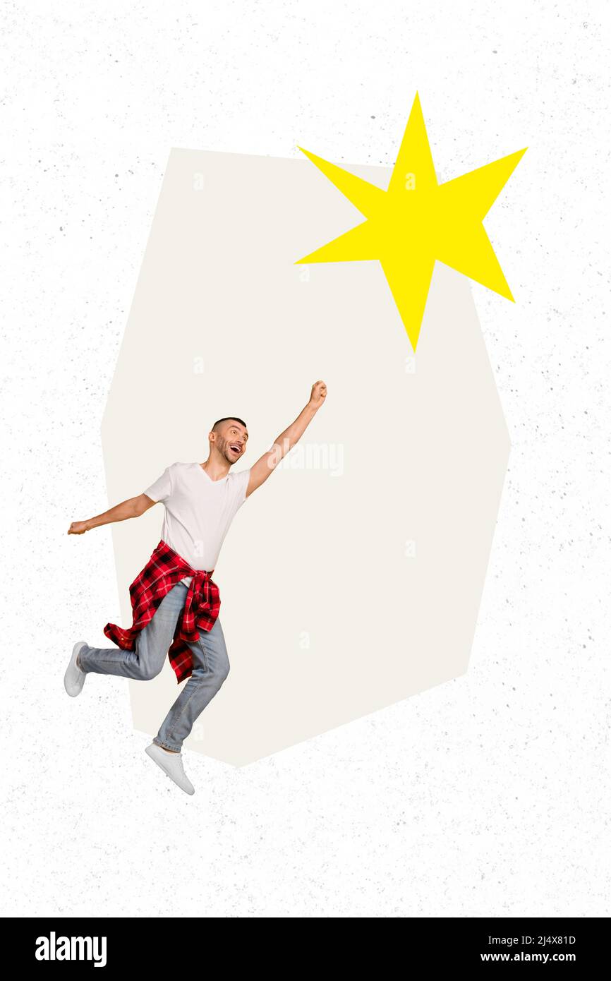 Vertical creative collage of active person raise hand fly catch star ...