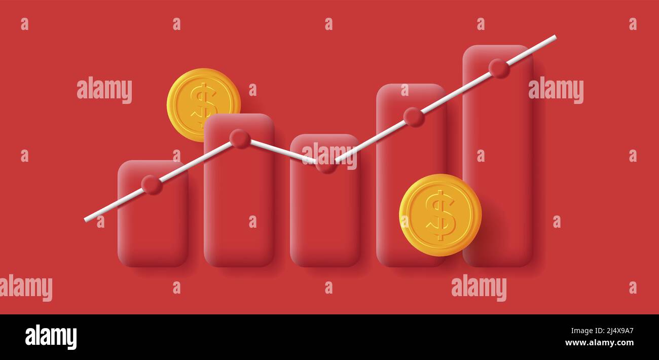 Bar chart red monochrome bars with increasing line with dollar coins ...