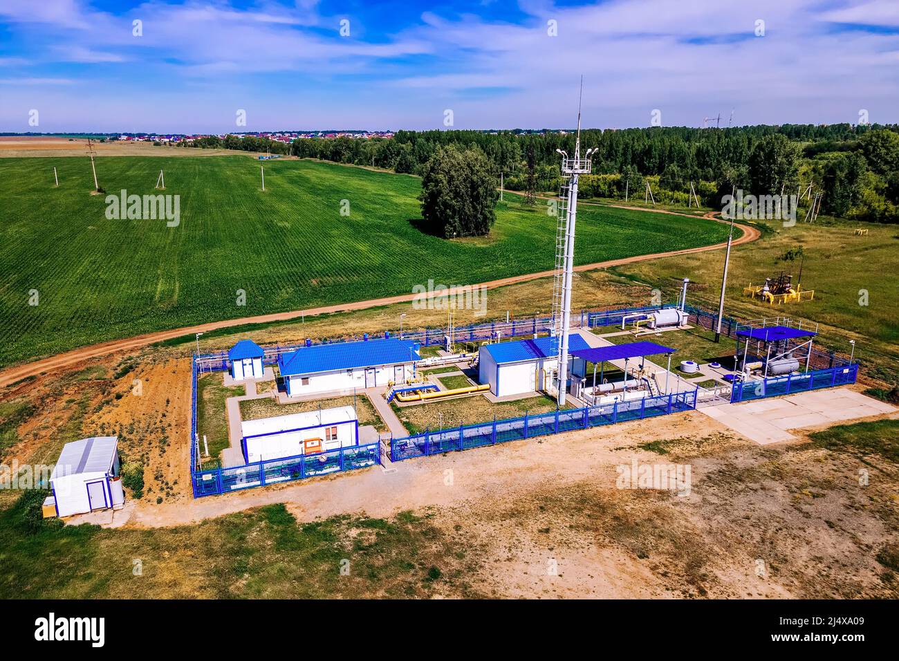 Natural gas distribution station of main gas pipeline. View from above ...