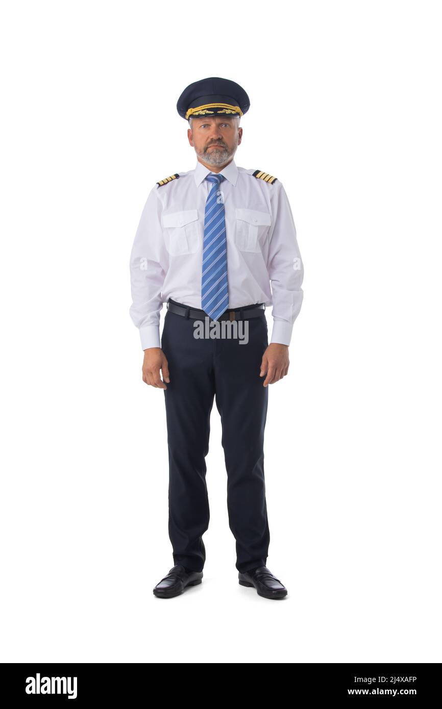 Senior adult airline first pilot aircraft commander standing isolated ...