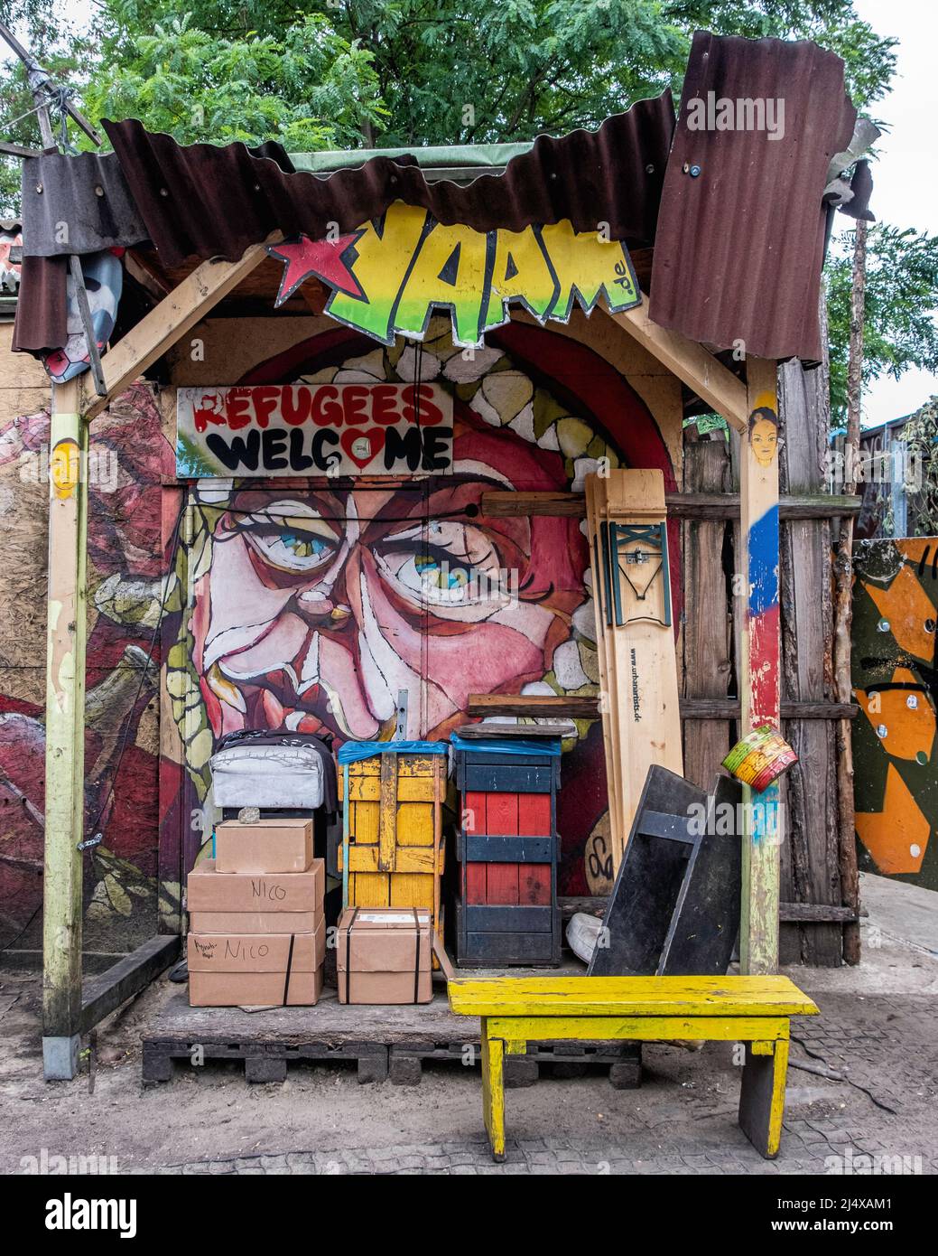 Refugees Welcome sign at YAAM Young African Art Market at Stralauer ...