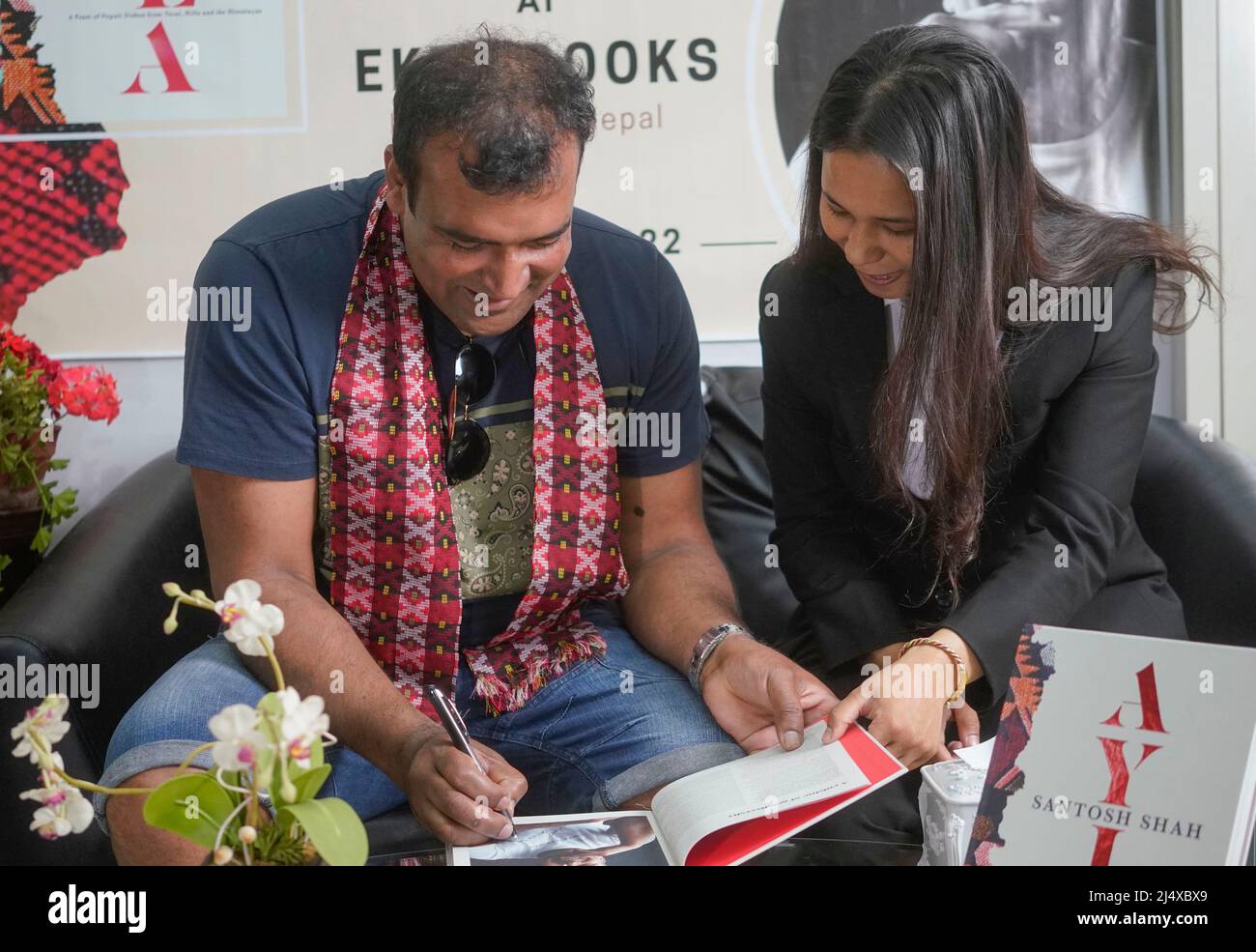 Kathmandu, Nepal. 18th Apr, 2022. MasterChef Santosh Shah signs a book ...