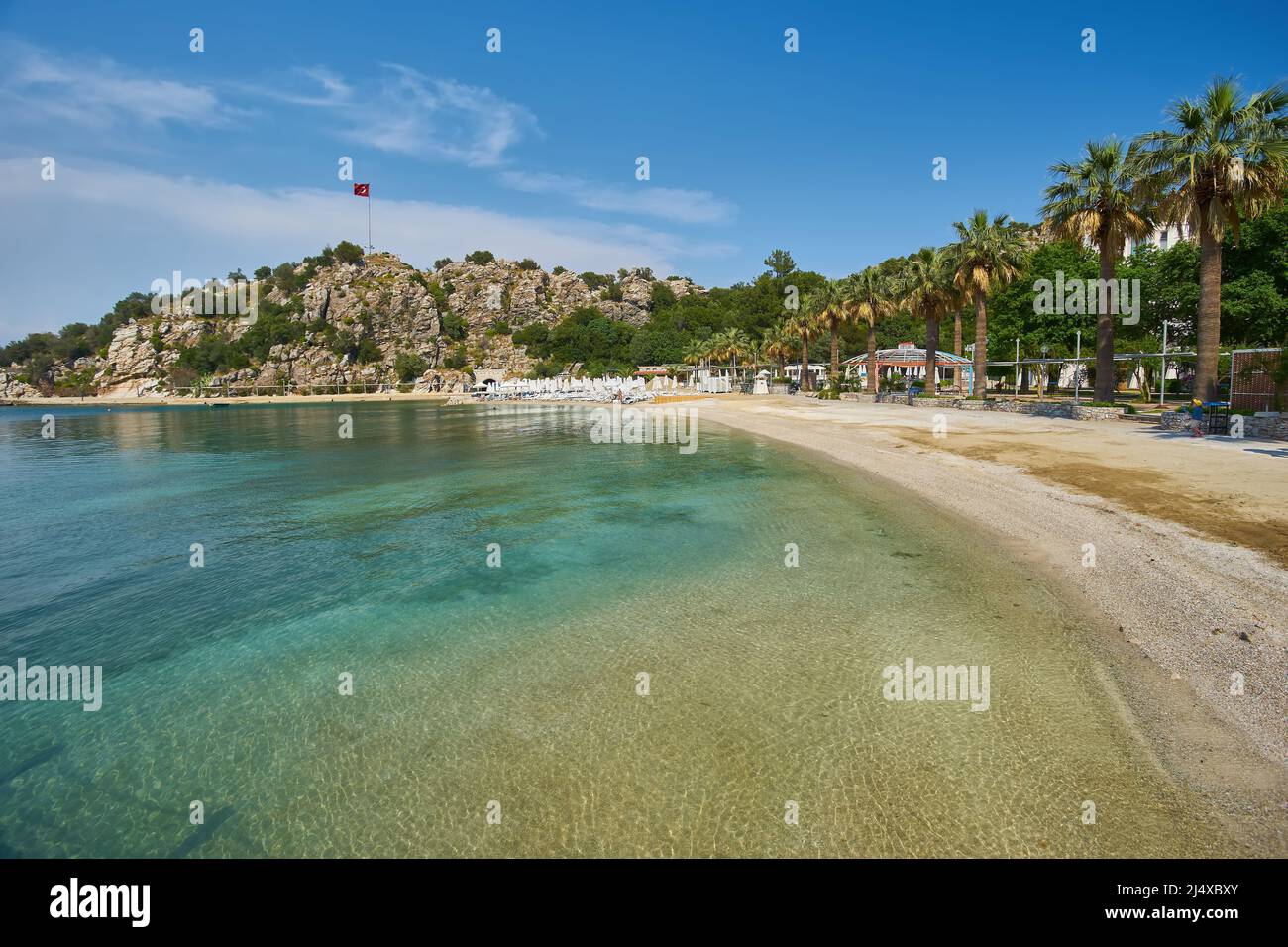 Kumlubuk sandy bay beach near Turunc in Marmaris, Turkey Stock Photo ...