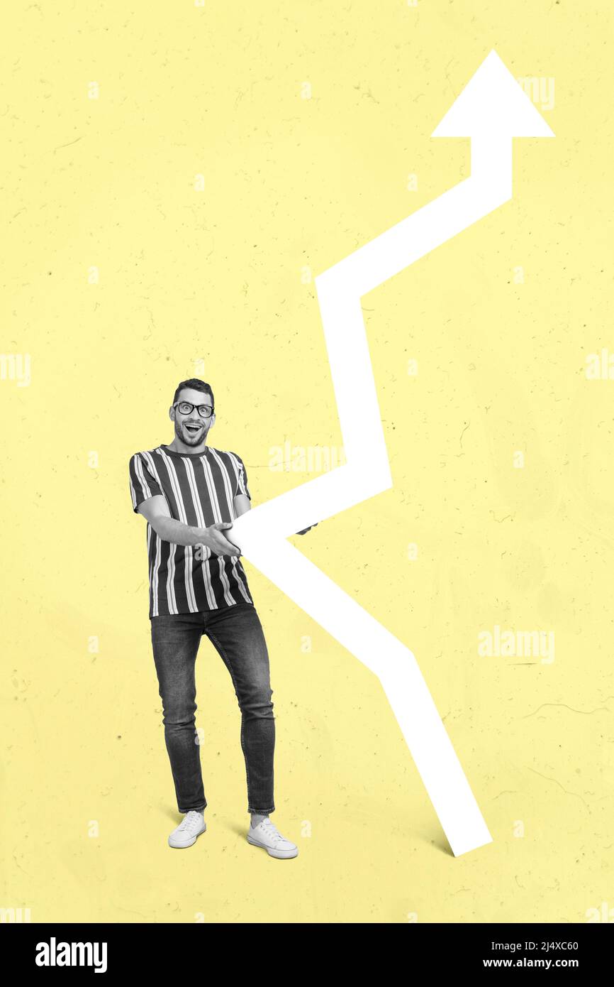 Vertical creative collage of crazy positive person touch glowing up ...