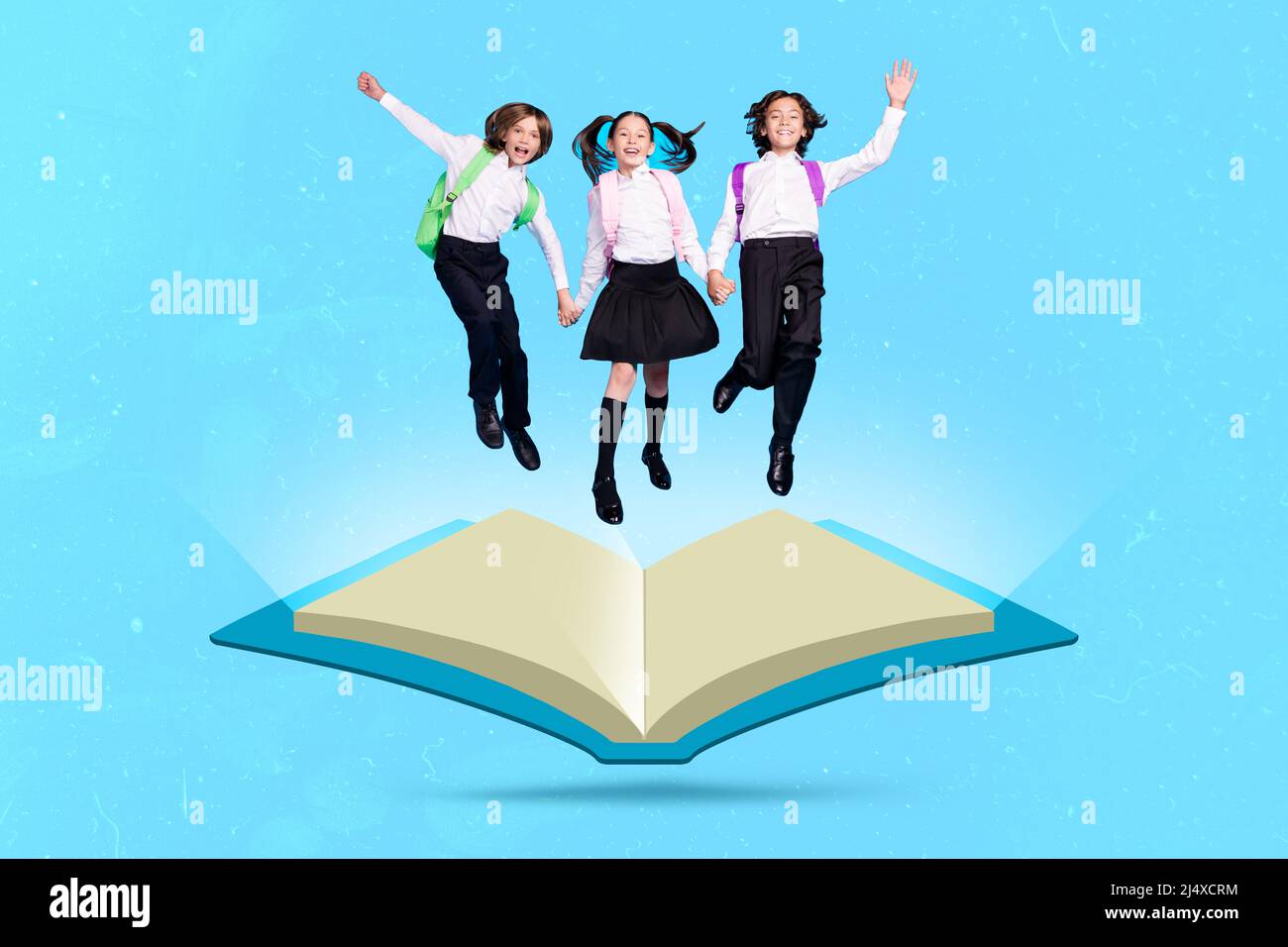 Photo image of adorable three school kids new study year happy ...