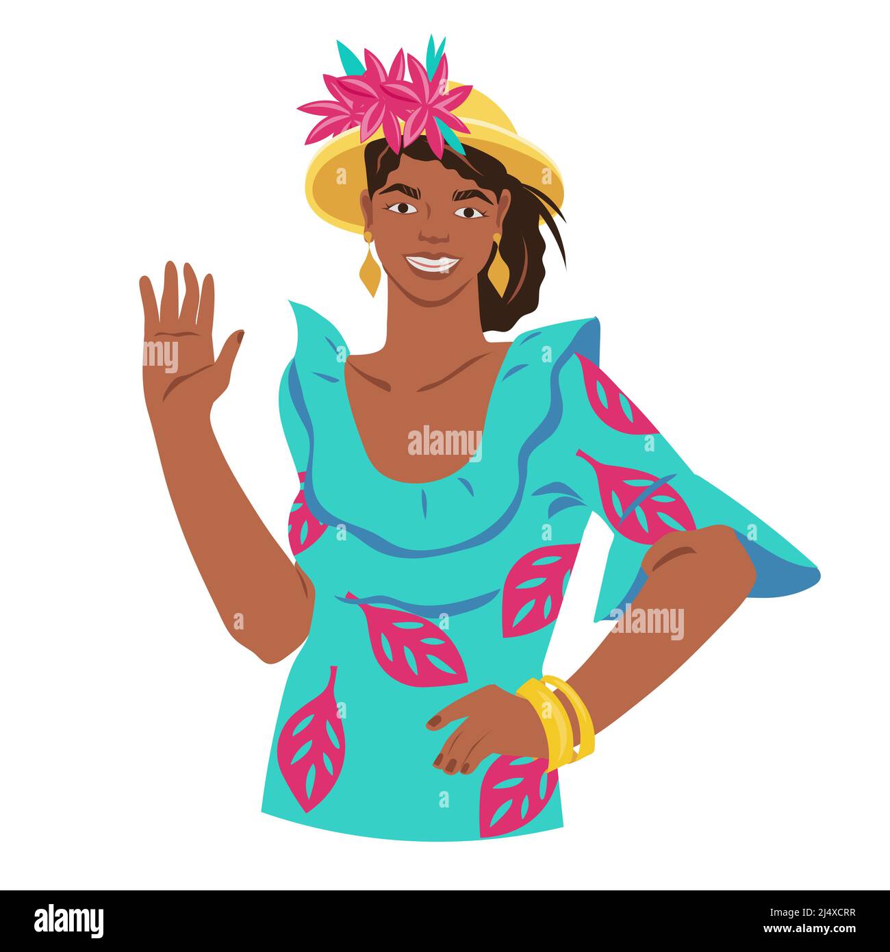 Beautiful cuban woman in fancy dress and straw hat, flat vector ...