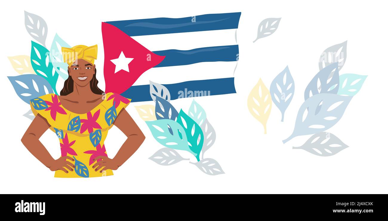 Cuba travel poster or flyer design with cuban woman at national flag ...