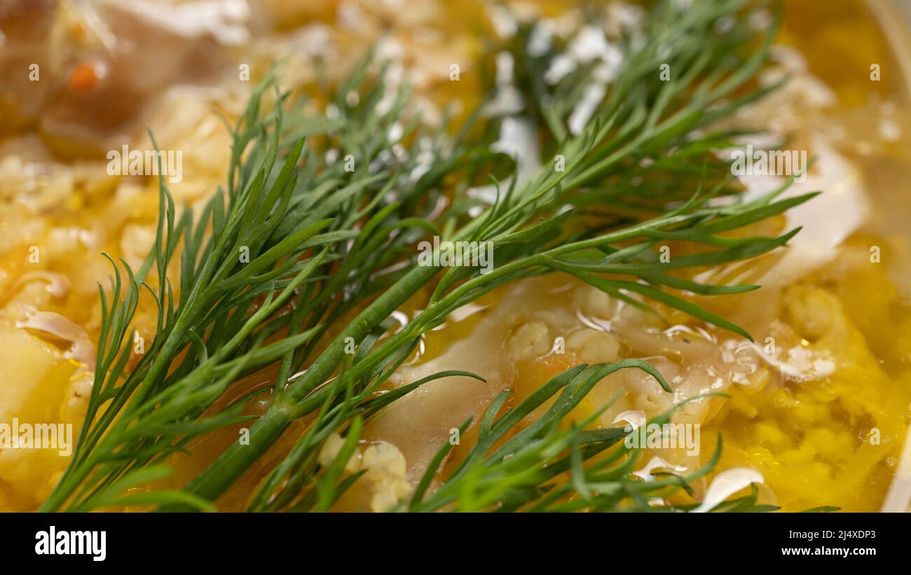 Delicious german soup eintopf with chicken and sauerkraut on the dinner ...