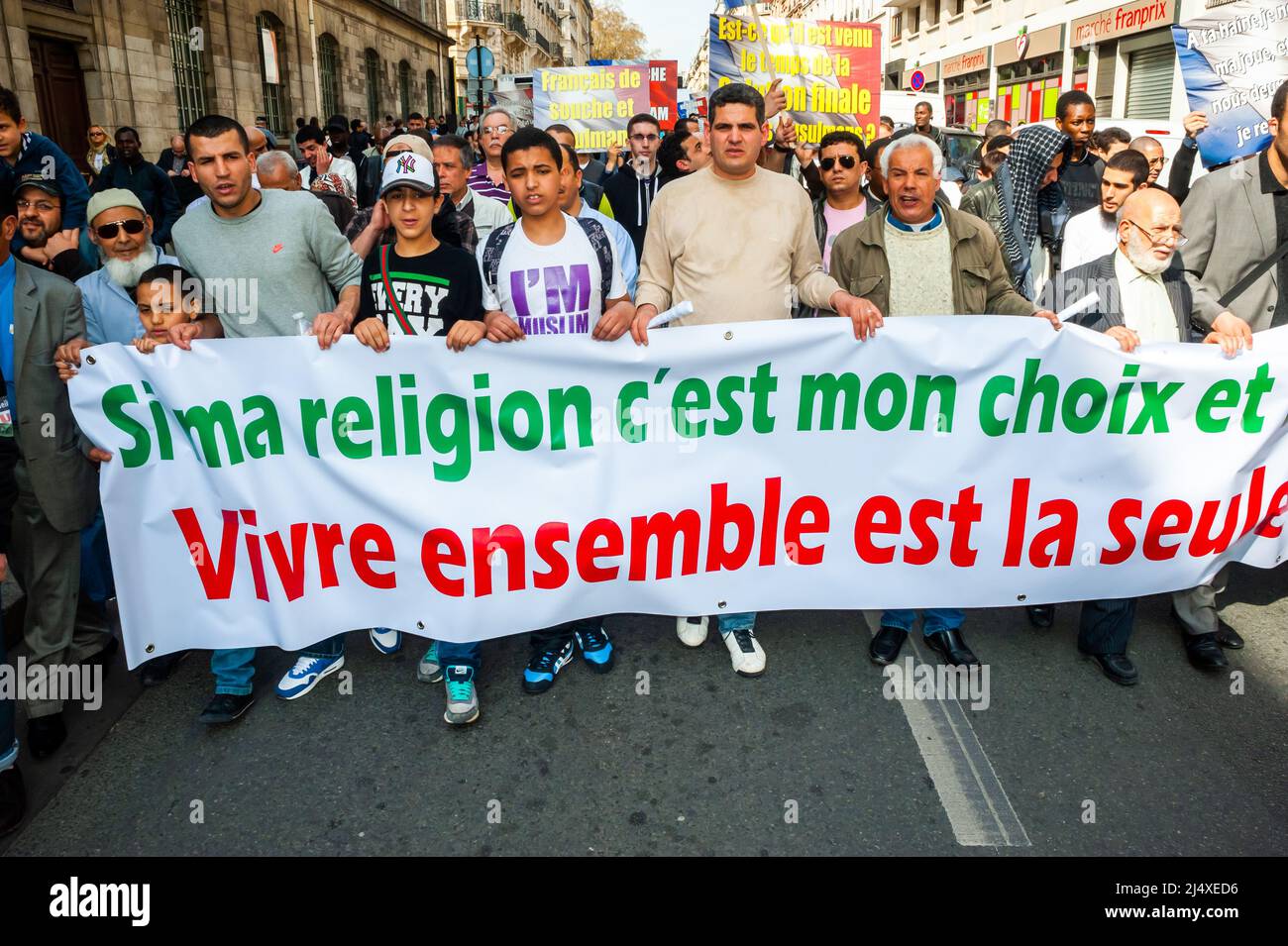 Paris, France, Muslim France, Crowd men, Marching on Street wih Protest ...