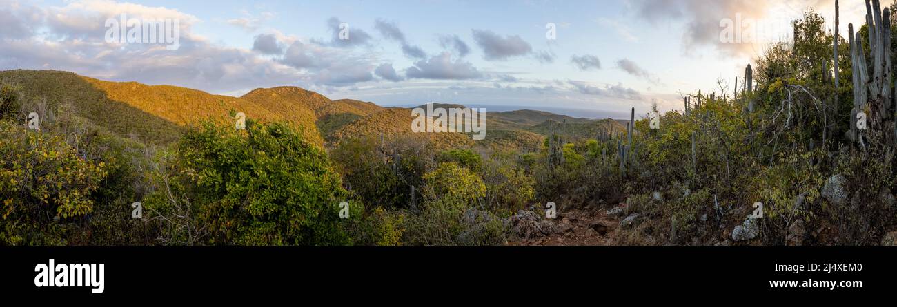 Sunrise over Christoffel National Park during the hike up to the top of ...