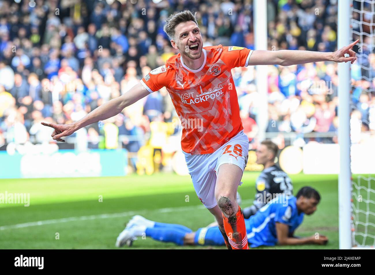 Jake Beesley #28 of Blackpool celebrates his goal to make it 1-0 Stock ...