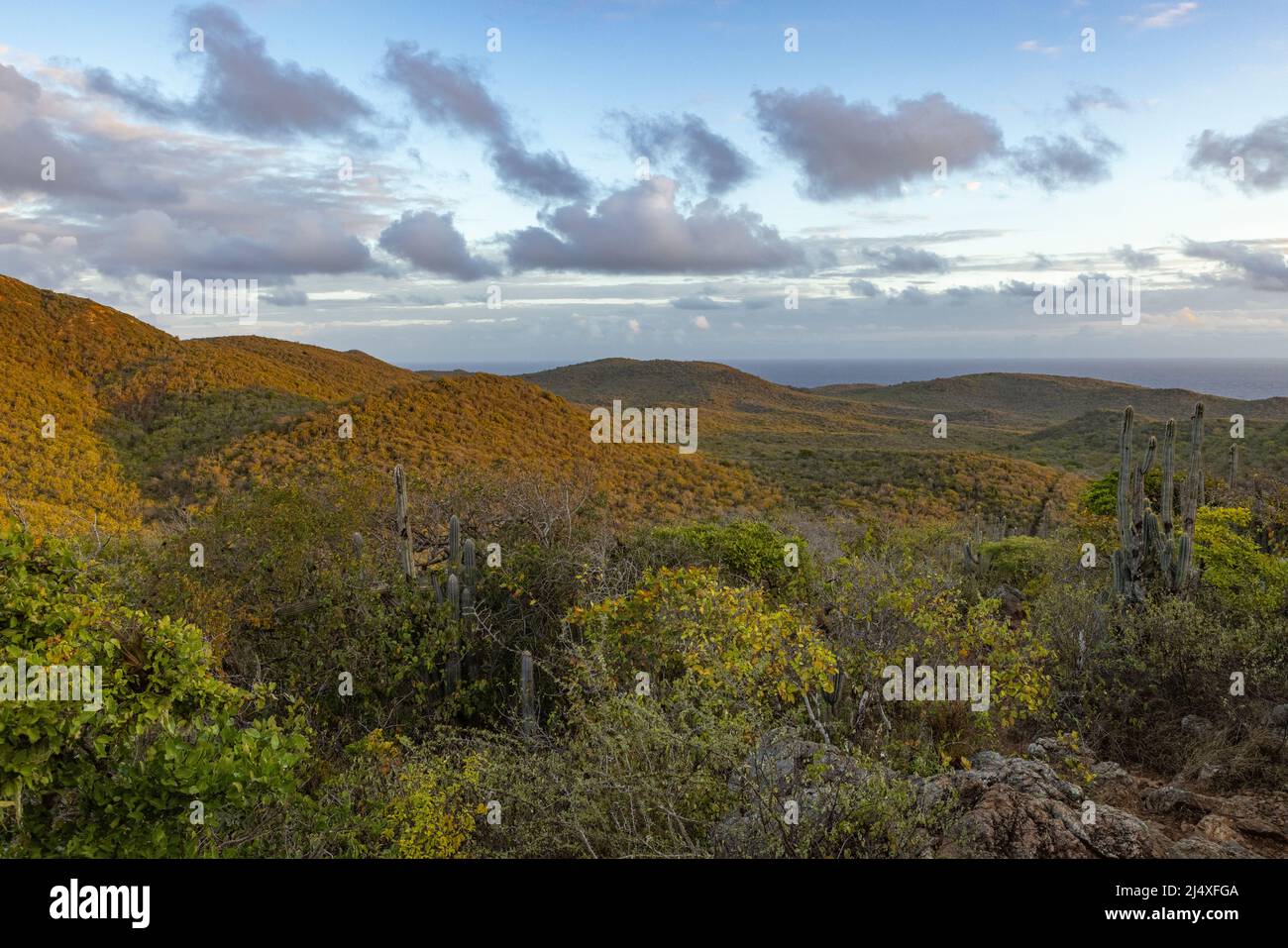 Sunrise over Christoffel National Park during the hike up to the top of ...