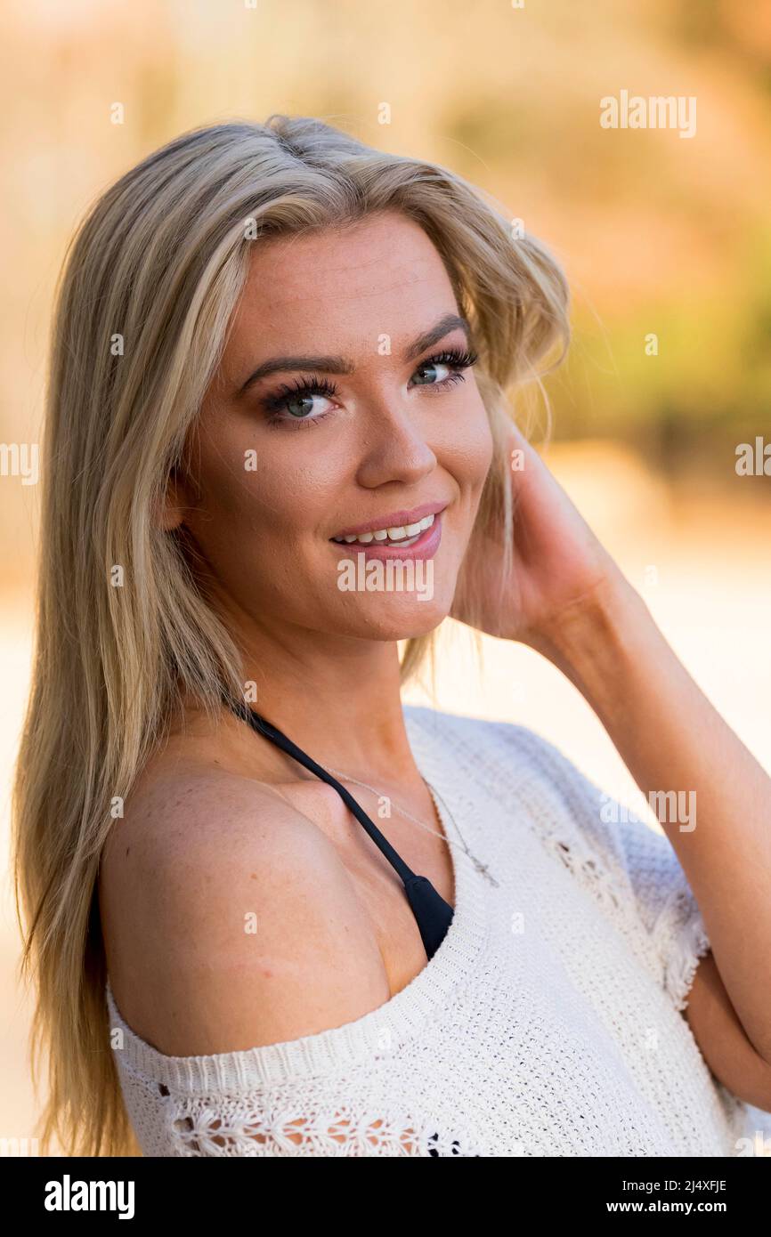 Cornelius North Carolina Usa 1st Apr 2022 A Gorgeous Blonde Bikini Model Poses Outdoors