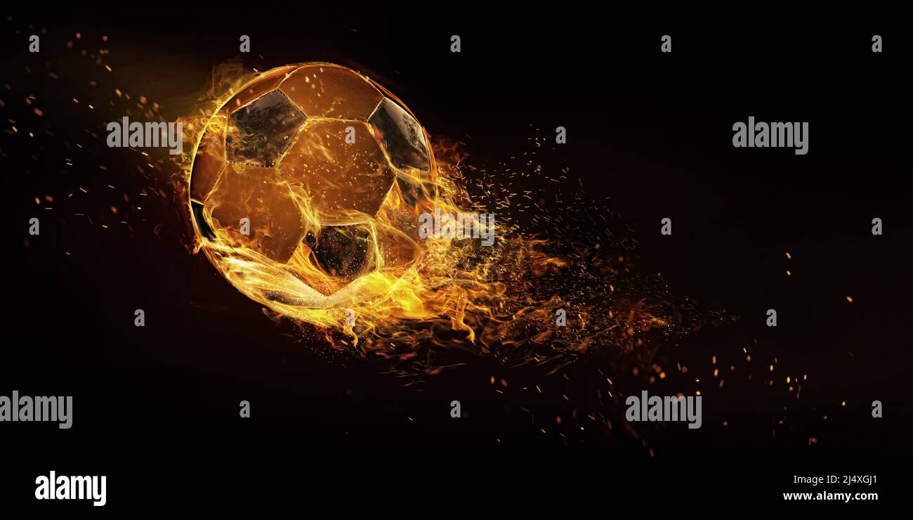 Soccer ball in flame closeup image. Soccer ball isolated on black ...