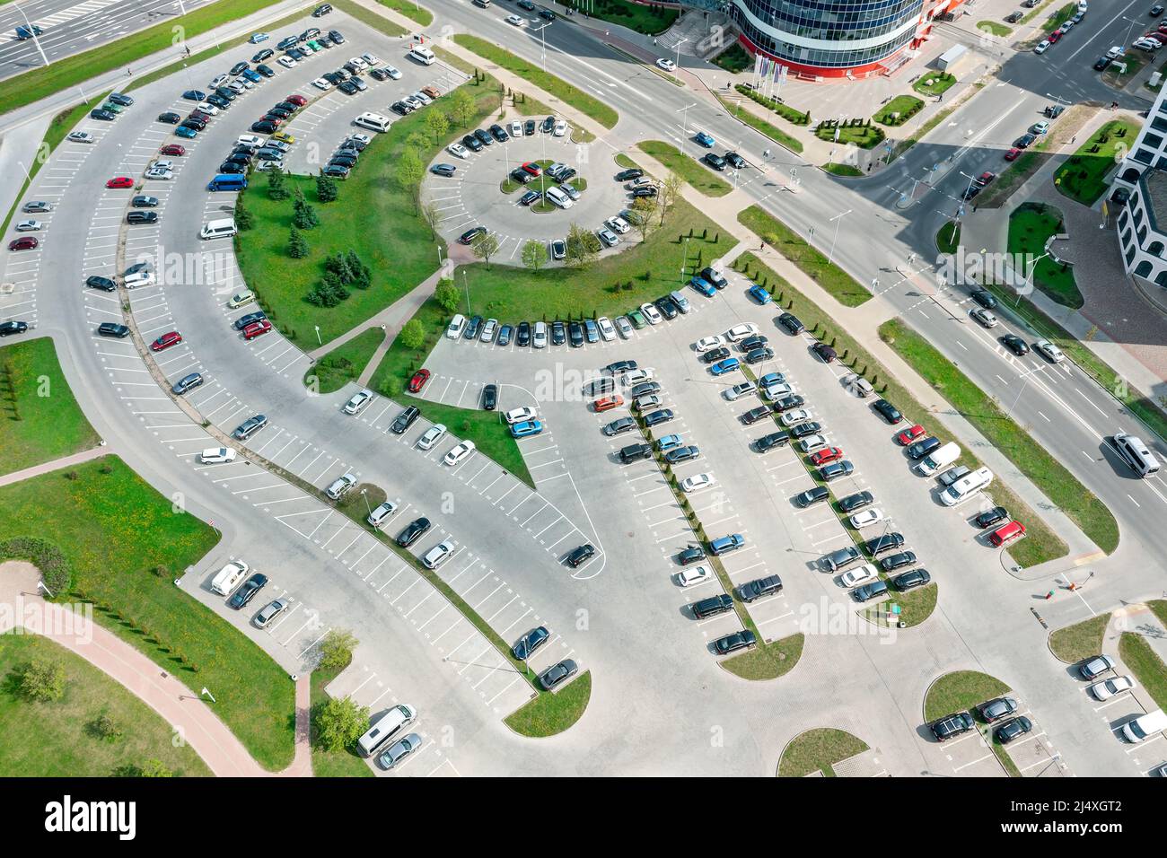 large parking lot in residential area. aerial view from flying drone ...