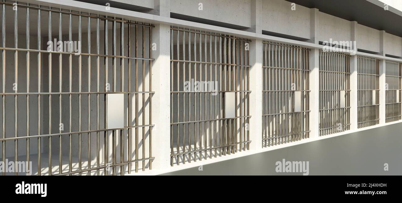 Jailhouse, penitentiary. Prison cellblocks with windows, jail metal ...