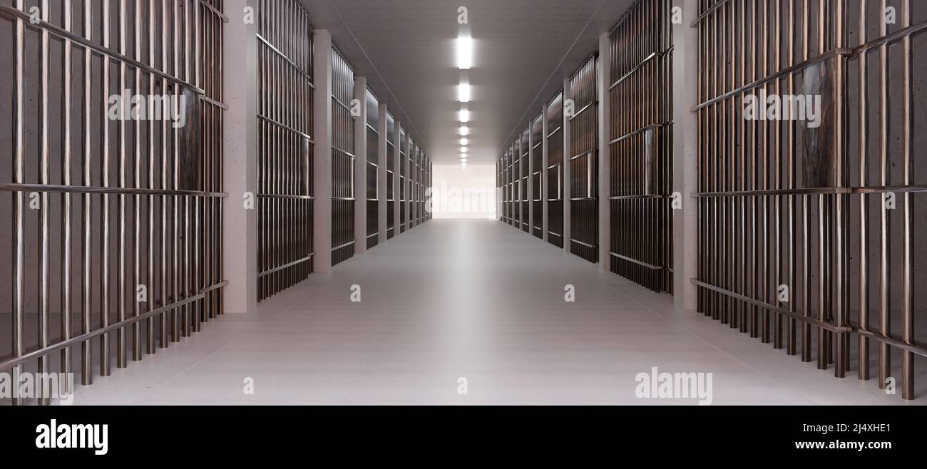 Prison facility hall interior, jail cell with metal bars and empty ...