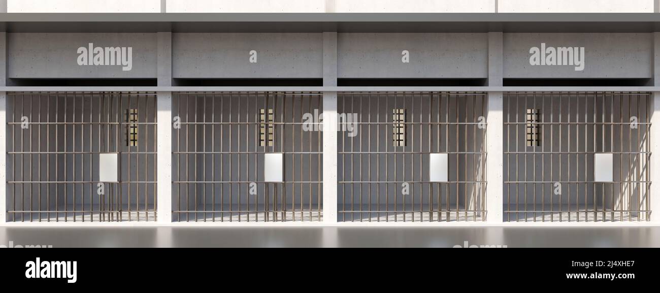 Prison cellblocks with windows, jail metal bars door locked, empty dark ...