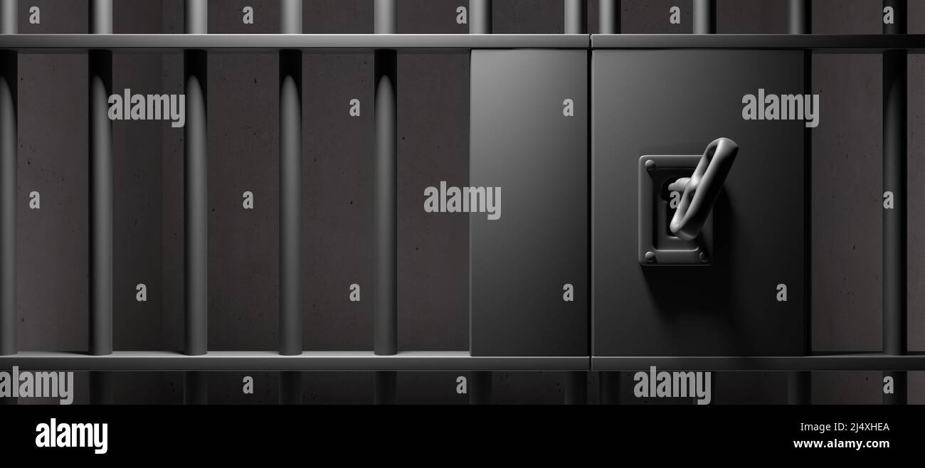 Prison cell door locked, black color jail metal bars, empty dark ...