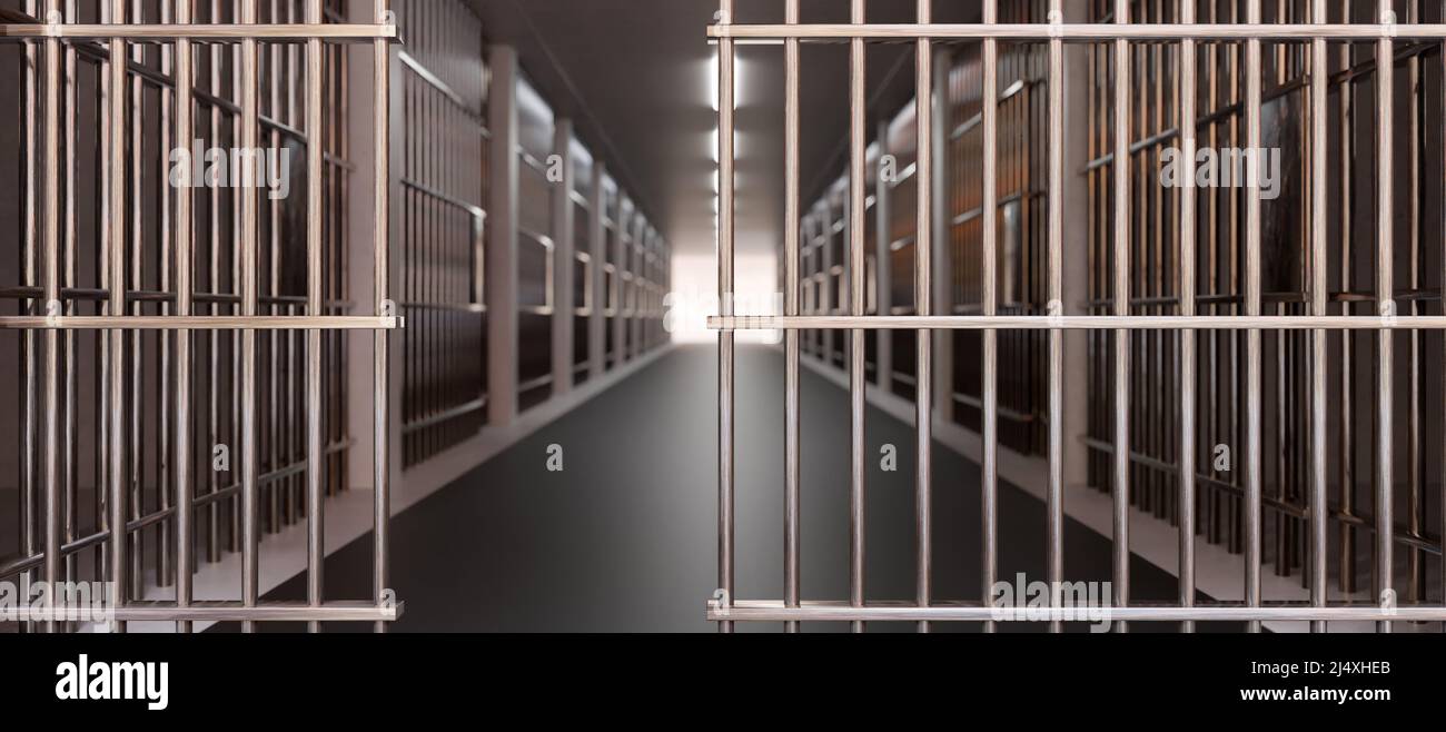 Prison building corridor, jail cell and open metal bars door, empty ...