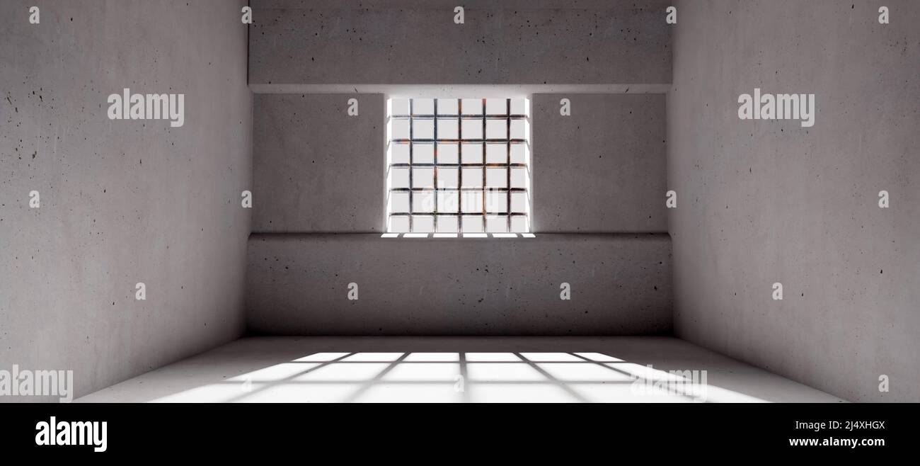 Empty jail with a window and prison bars, concrete walls and floor ...