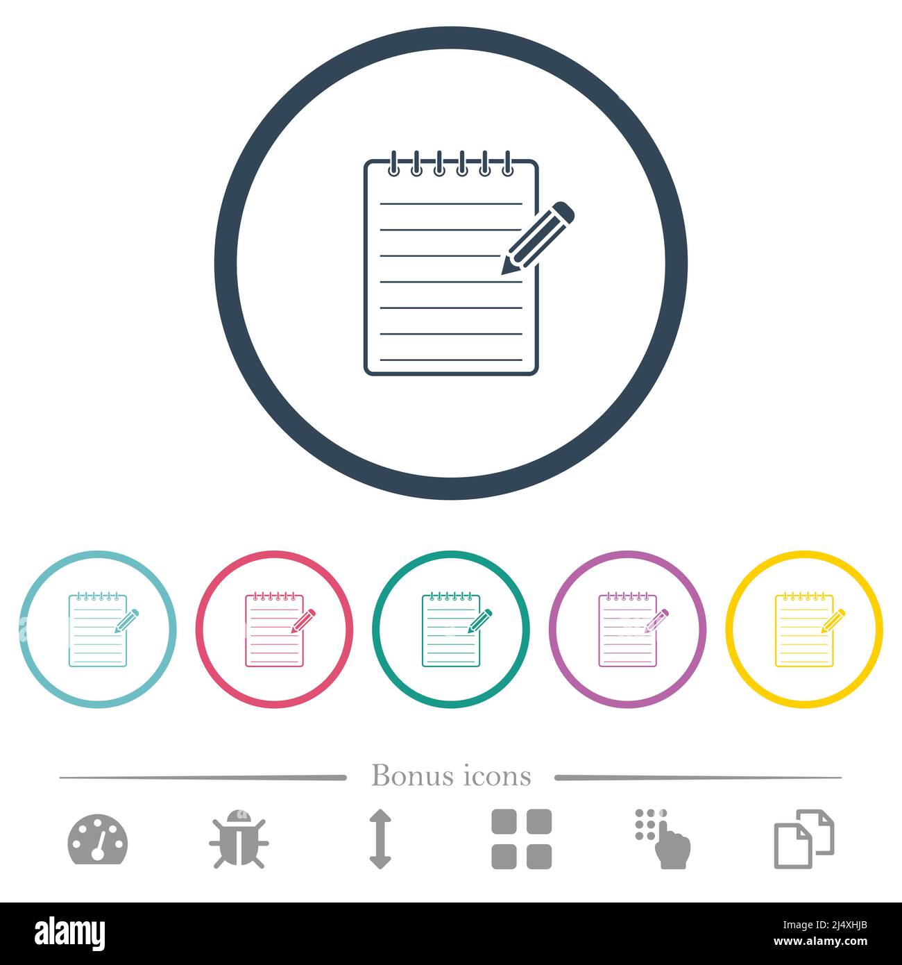 Spiral notepad with pencil flat color icons in round outlines. 6 bonus ...