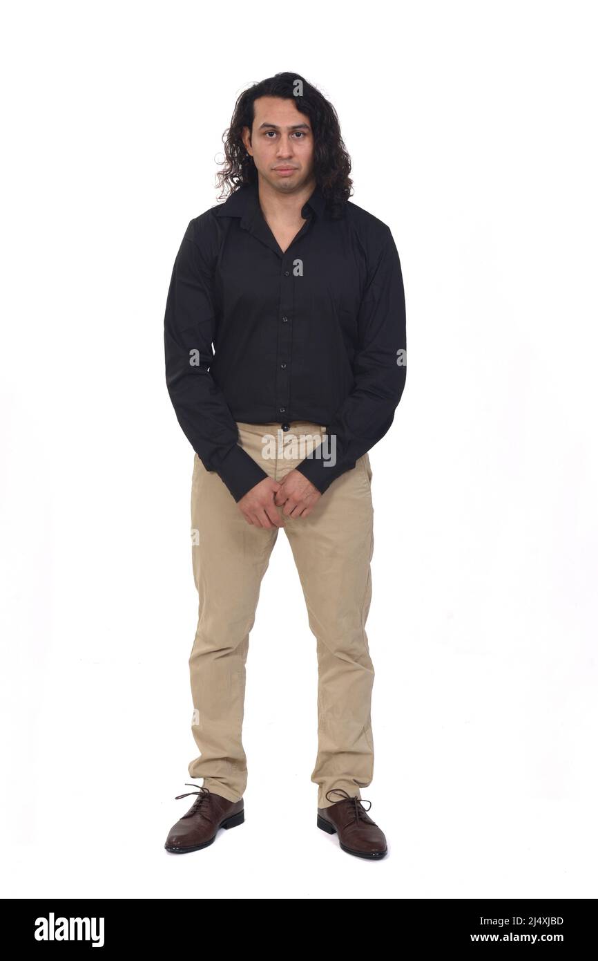 front view of a man with long hair on white background Stock Photo - Alamy