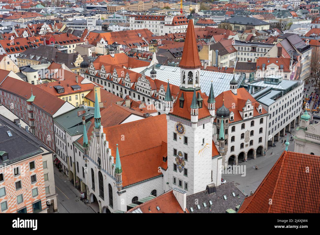 areal view of Munich Germany with altes rathaus and red rooftops from ...