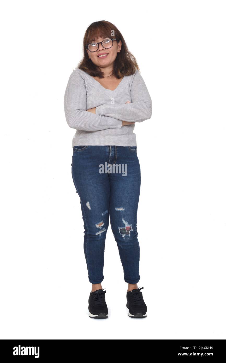 front view of a woman arms crossed on white background Stock Photo - Alamy