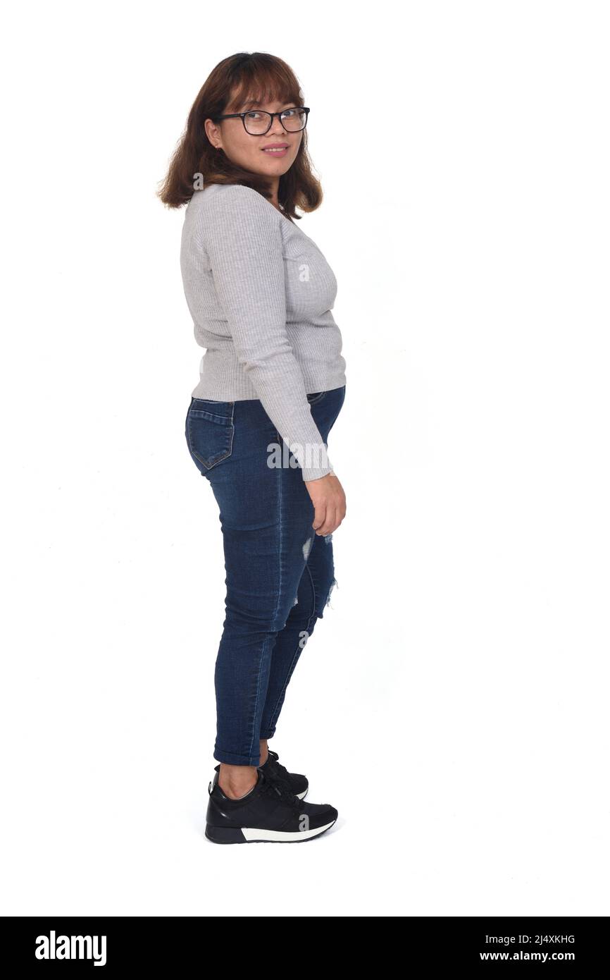 side view of a woman looking at camera on white background Stock Photo ...