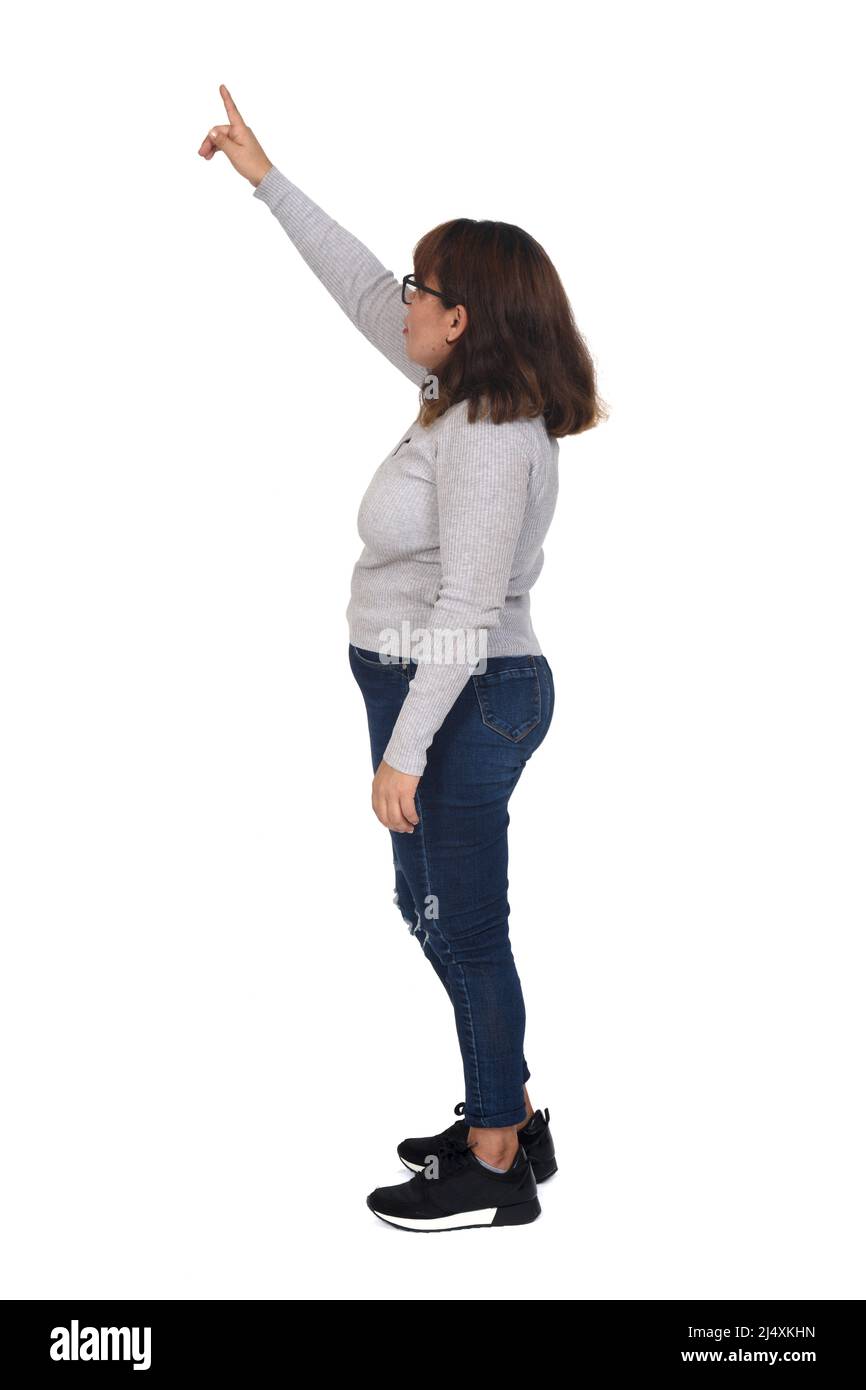 woman pointing up isolated on white background Stock Photo - Alamy