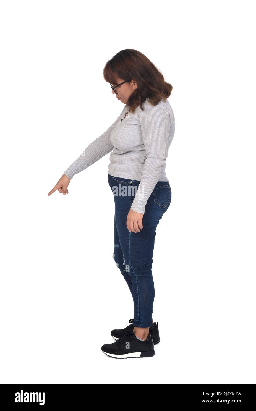 woman pointing finger on the ground isolated on white background Stock ...