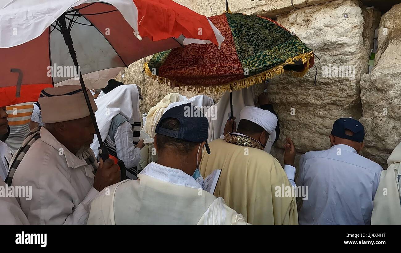 White turbaned religious priests from the Beta Israel community hold ...